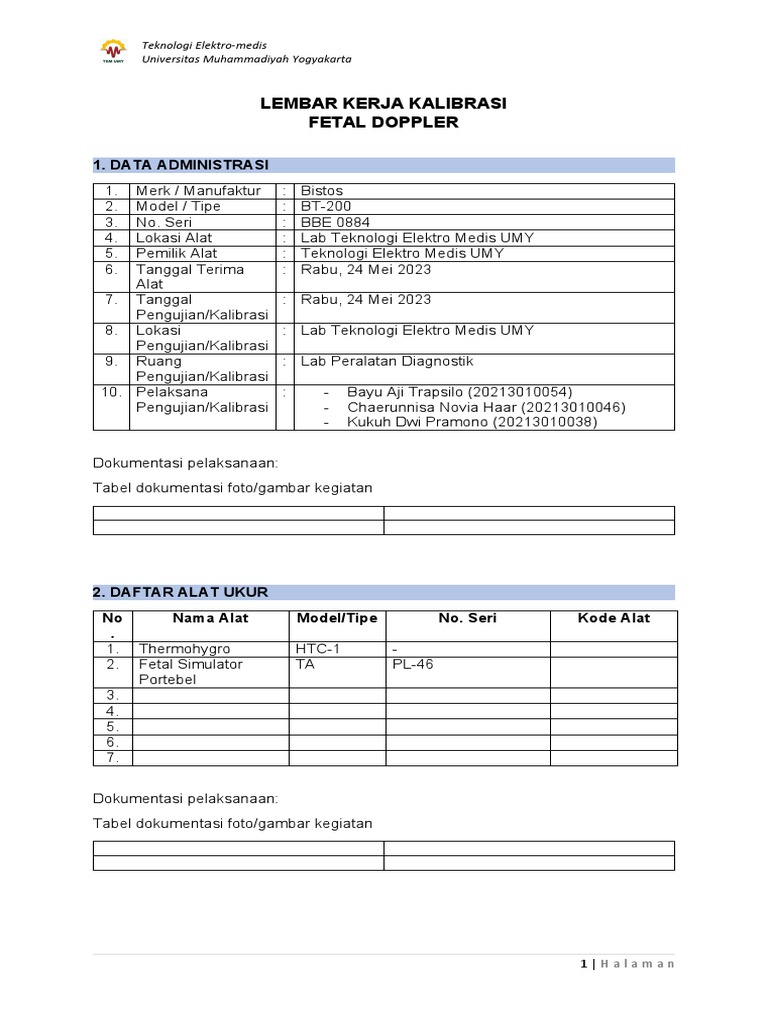 Lembar Kerja Pengujian-Kalibrasi Fetal Doppler | PDF | Teknologi & Rekayasa