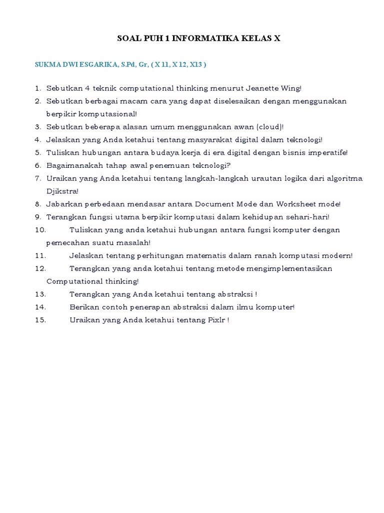 Soal Informatika Kelas X Puh 1 | PDF