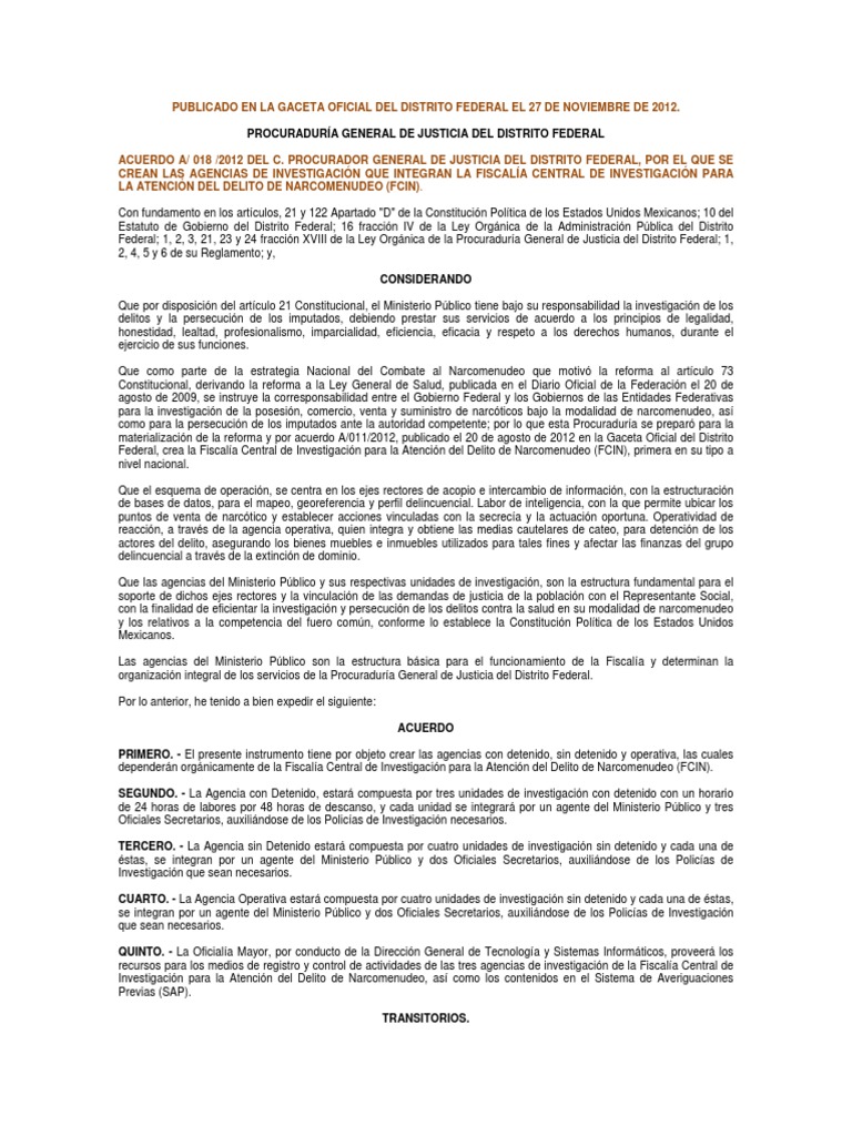 Acuerdo - A 018 2012 - Narcomenudeo | PDF | Federación | Ciudad de México