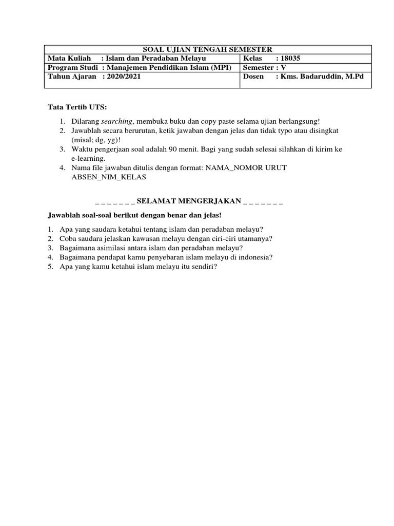 Soal UTS Islam Dan Peradaban | PDF | Karier & Perkembangan