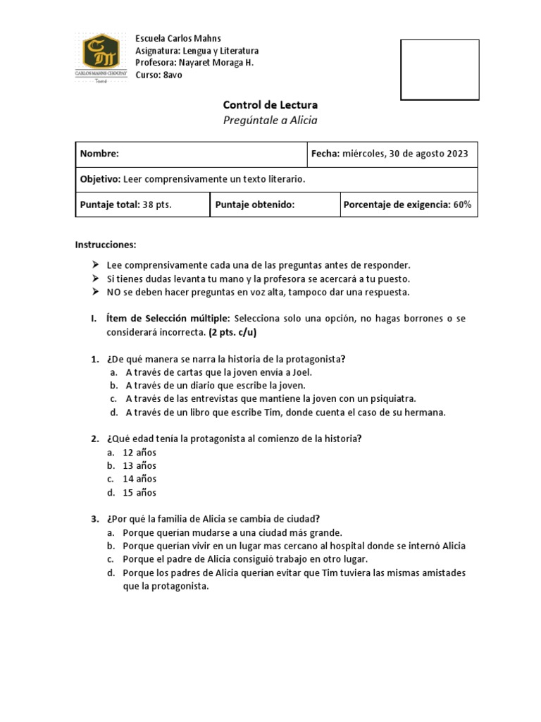 Control de Lectura: Pregúntale a Alicia | PDF