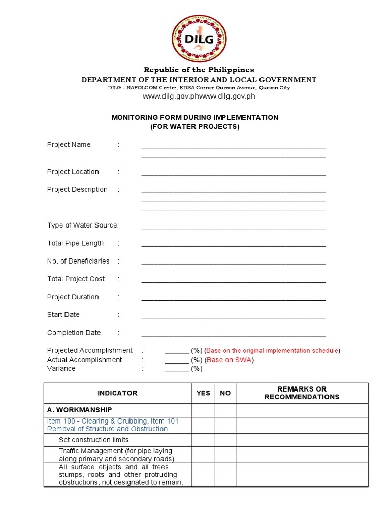 Water Project Implementation Monitoring Form | PDF | Concrete | Plumbing