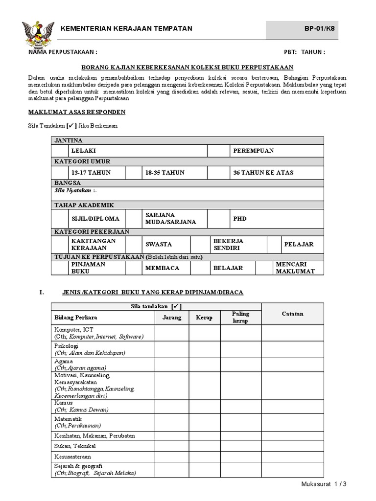 Borang Kajian Keberkesanan Koleksi Buku Perpustakaan k8 Pk-pbt-bp-05 | PDF
