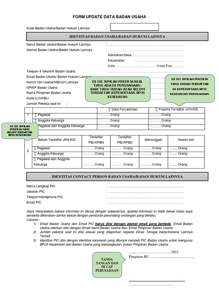 PETUNJUK PENGISIAN FORM UPDATE DATA BADAN USAHA | PDF