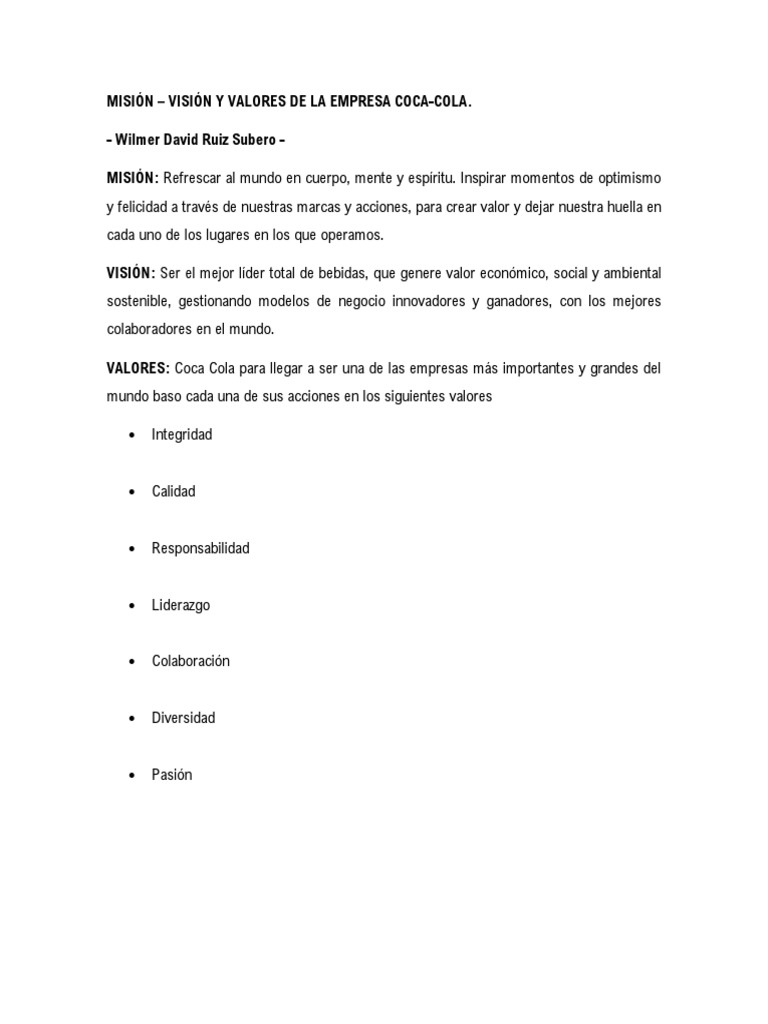 Coca-cola Vision, Mision y Valores | PDF