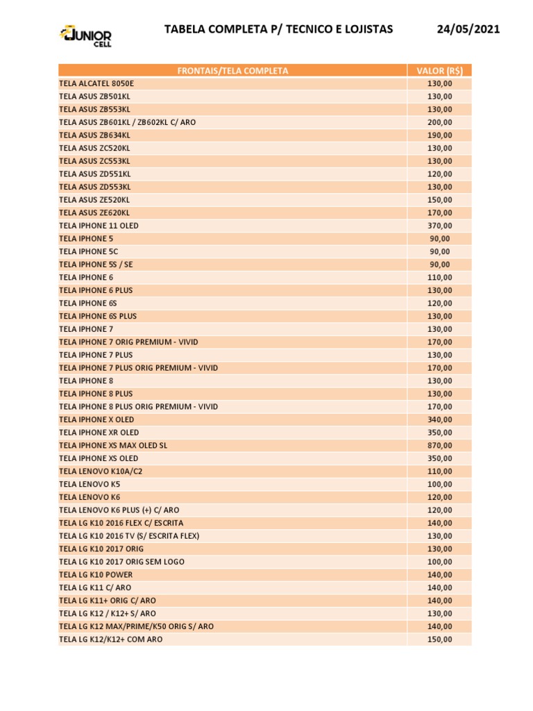 Tabela Completa JR Cell 24.05.21 | PDF | I Phone | Consumer Electronics