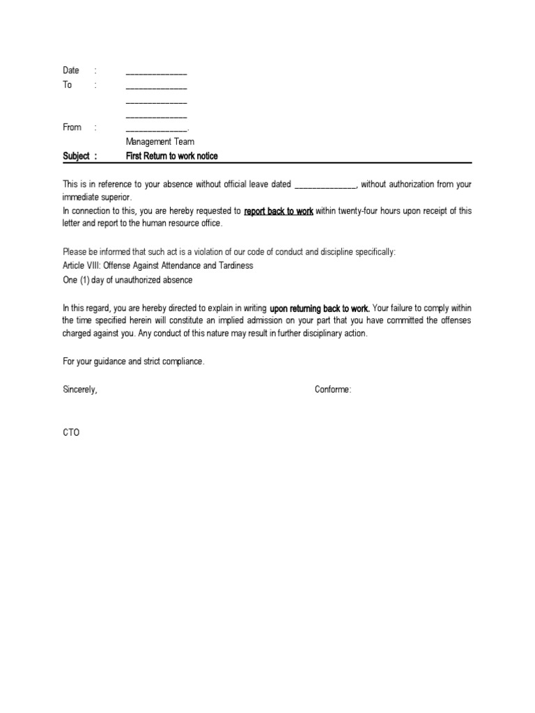 First Return to Work Notice | PDF