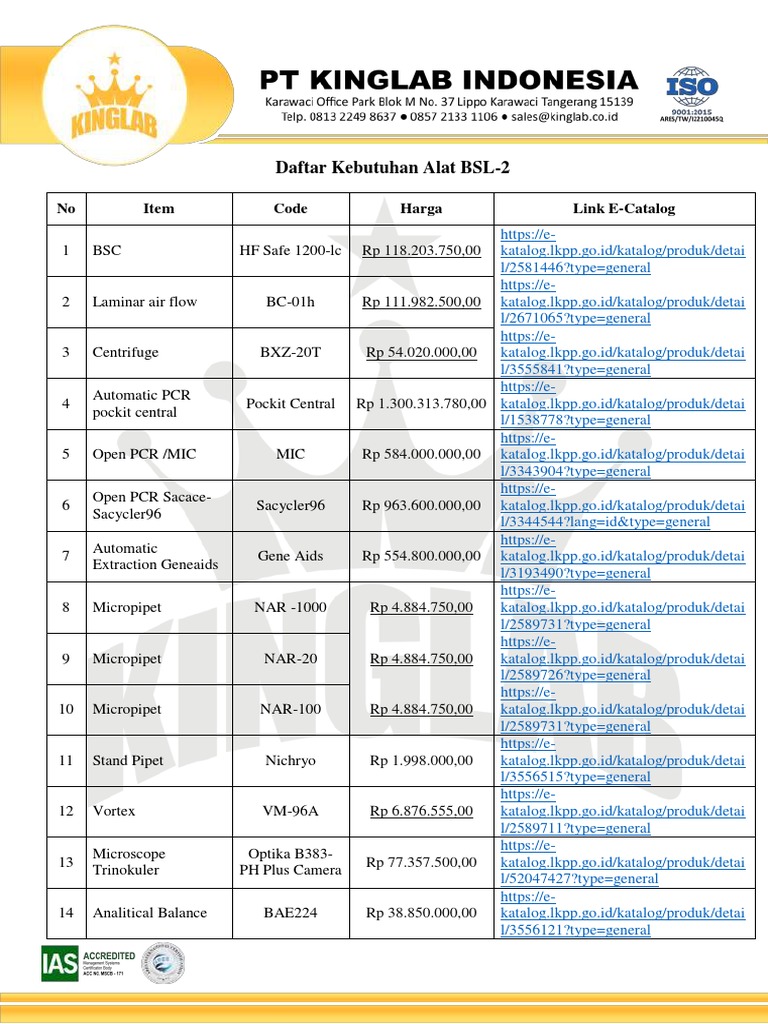 Daftar Kebutuhan BSL 2 | PDF | Biology | Home Appliance