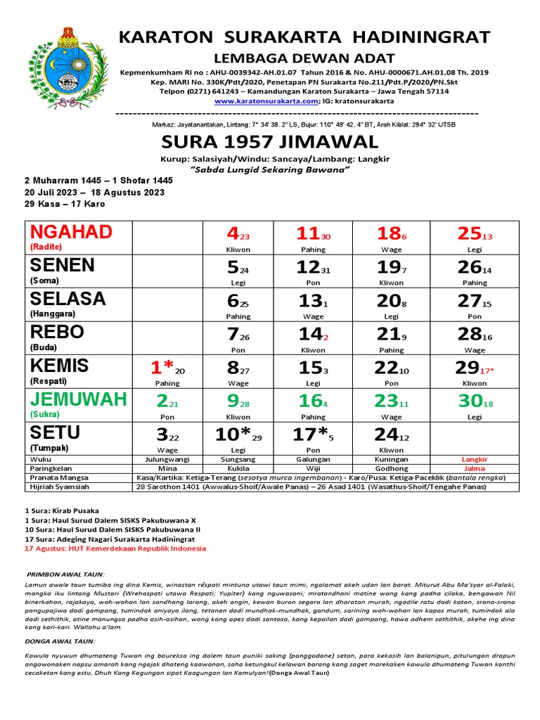Kalender Jawa - Karaton Surakarta Hadiningrat - LDA - 1957 Jimawal | PDF