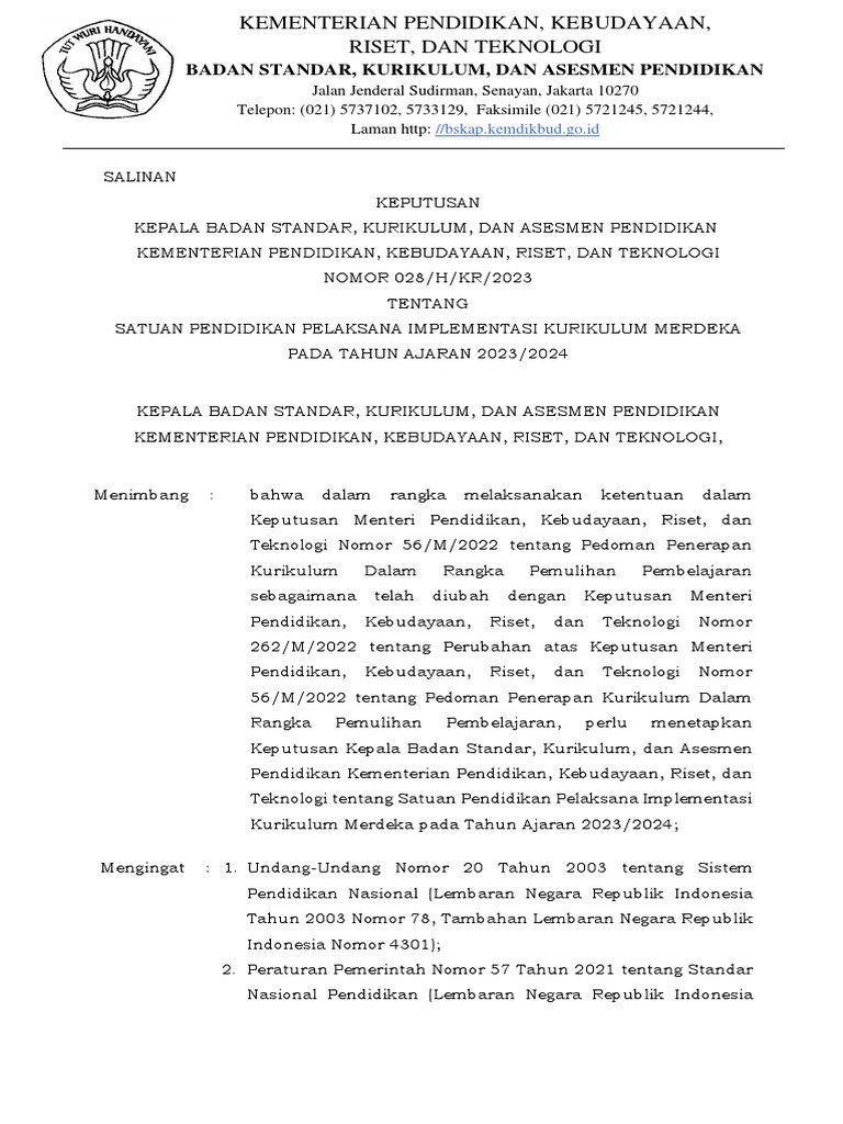 Salinan SK Nomor 028 - H - KR - 2023 Tentang Penetapan Pelaksana IKM | PDF