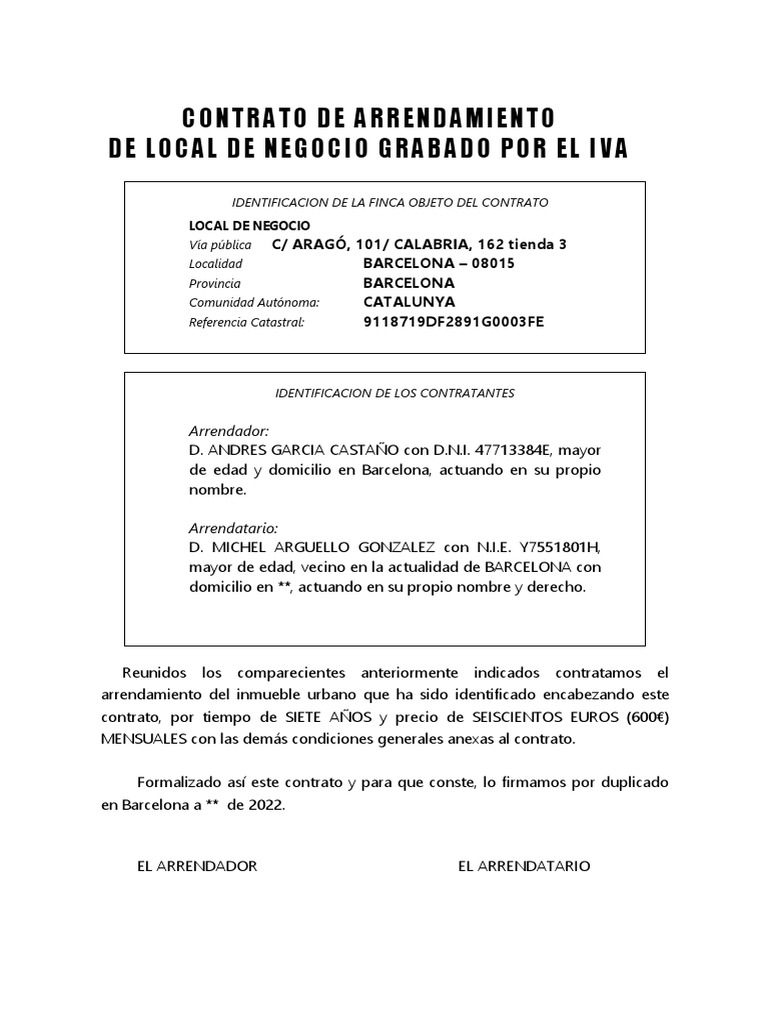 Borrador Contrato Arrend Local A101 | PDF