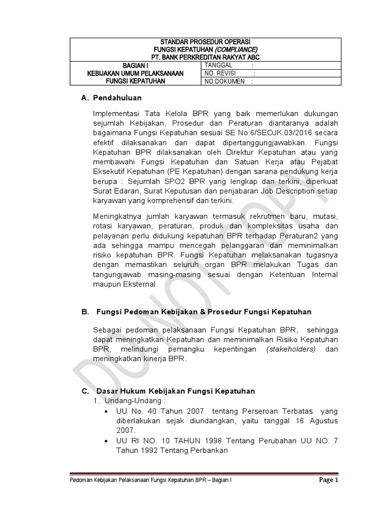 Bagian 1 Kebijakan Umum Pelaksanaan Fungsi Kepatuhan BPR | PDF