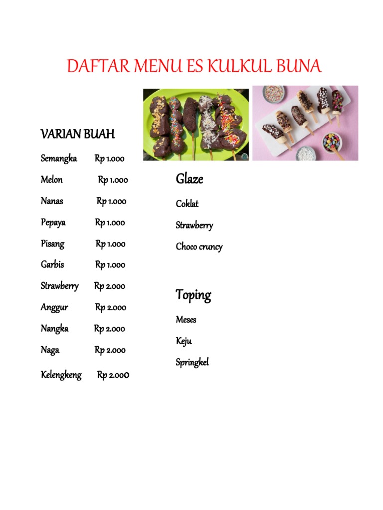 Daftar Menu Es Kulkul | PDF | Memasak, Makanan, & Anggur
