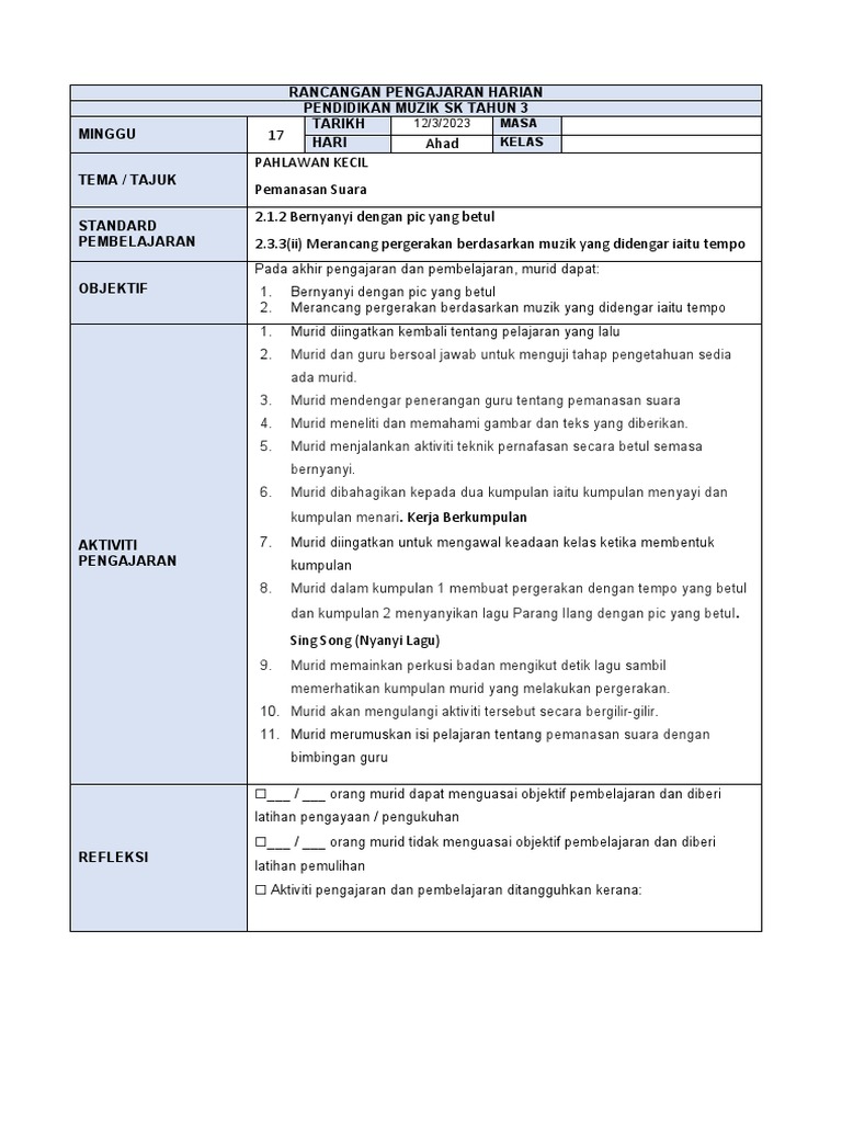 RPH Ringkas Minggu 17 Muzik THN 3 by Cikgu Gorgeous | PDF