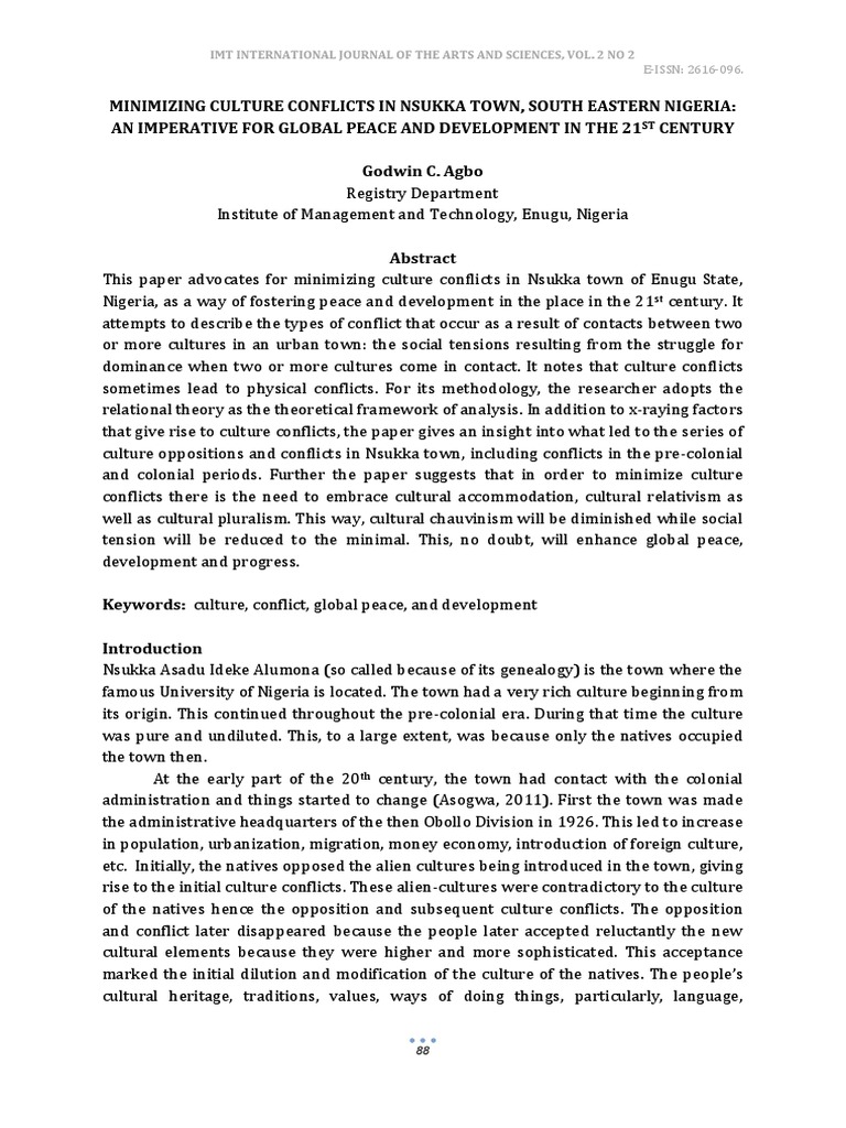 Minimizing Culture Conflicts in Nsukka Town, South Eastern Nigeria, An Imperative For Global ...