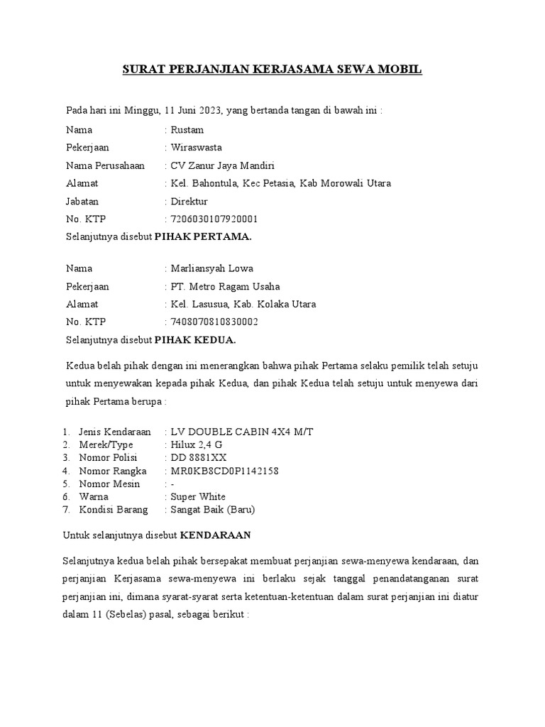 Surat Perjanjian Kerjasama Sewa Mobil | PDF