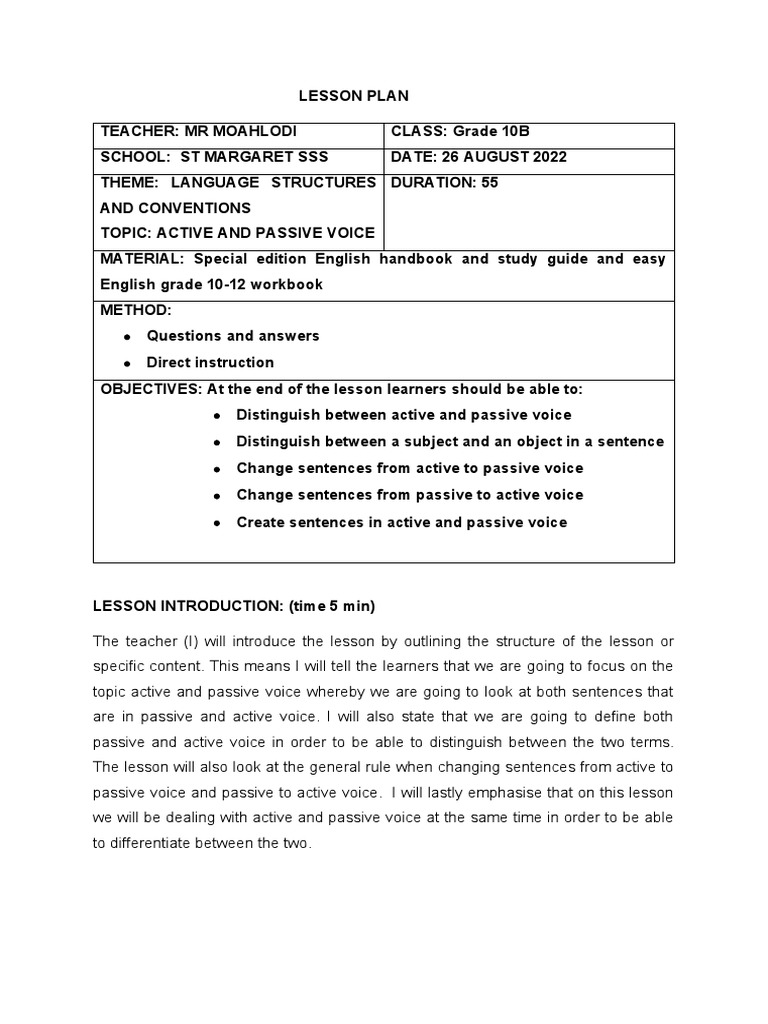 Grade 10 Lesson Plan: Active & Passive Voice | PDF | Verb | Subject ...