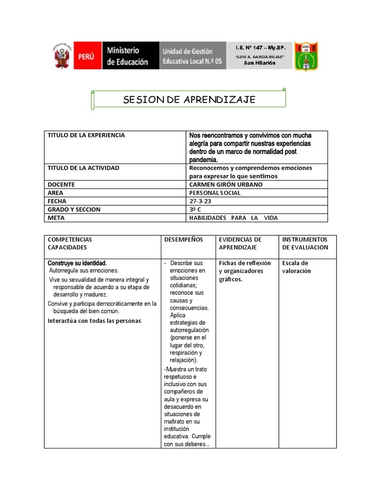 Sesion de Aprendizaje P.S. 27-3 | PDF Sesion de Aprendizaje P.S. 27-3 | PDF