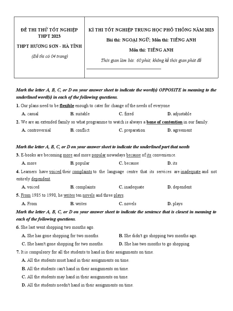 T4 - Đề thi thử THPT Hương Sơn - Hà Tĩnh 2023 (HDG Chi tiết) | PDF | Cash | Economies