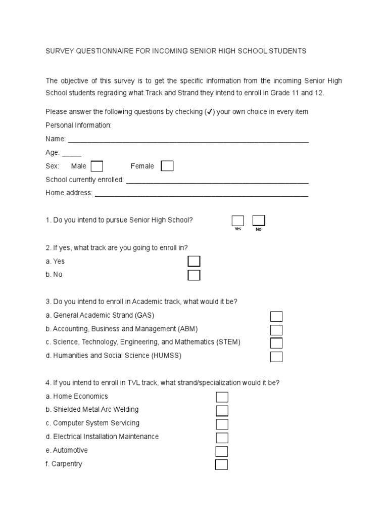 Survey Questionnaire For Incoming Senior High School Students | PDF