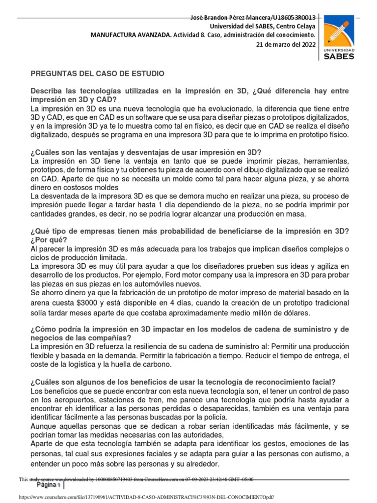 Actividad 8. Caso Administraci N Del Conocimiento PDF | PDF | Impresión 3d | Facebook