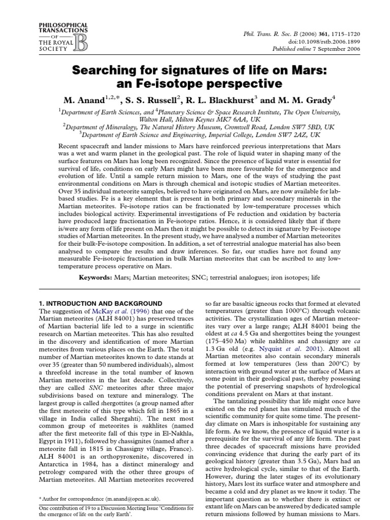 Searching For Signatures of Life On Mars: An Fe-Isotope Perspective ...