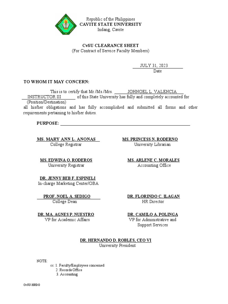 CvSU Faculty Clearance Form | PDF | Career & Growth