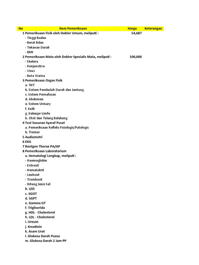 Daftar Item Pemeriksaan MCU PKSS | PDF