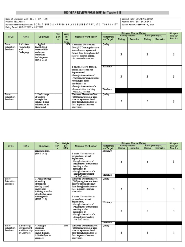 Mid Year Review Form 2022 2023 BATHAN | PDF