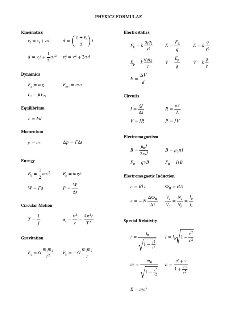 Formula Sheet Physics 12 | PDF | Motion (Physics) | Applied And ...