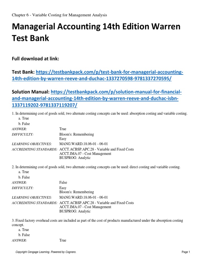 Managerial Accounting 14th Edition Warren Test Bank Download | PDF ...