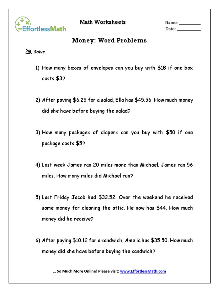 Money-Word-Problems - Grade 3 | PDF