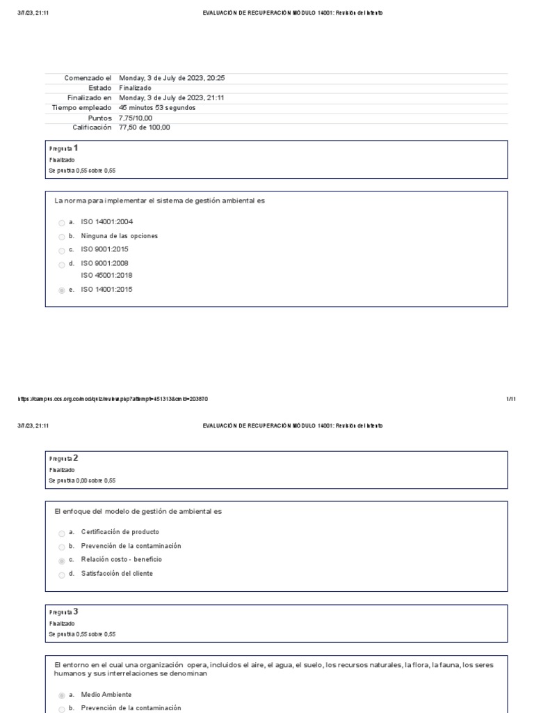 EVALUACIÓN DE RECUPERACIÓN MÓDULO 14001 - Revisión Del Intento | Descargar gratis PDF ...