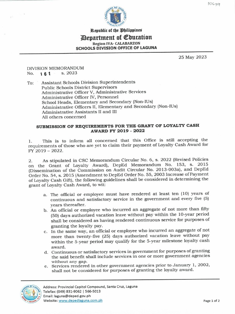 DM161s2023 SUBMISSION OF REQUIREMENTS FOR THE GRANT OF LOYALTY CASH ...