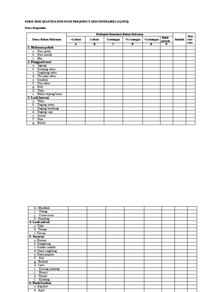 Form Semi Quantitative Food Frequency Questionnaires Pdf