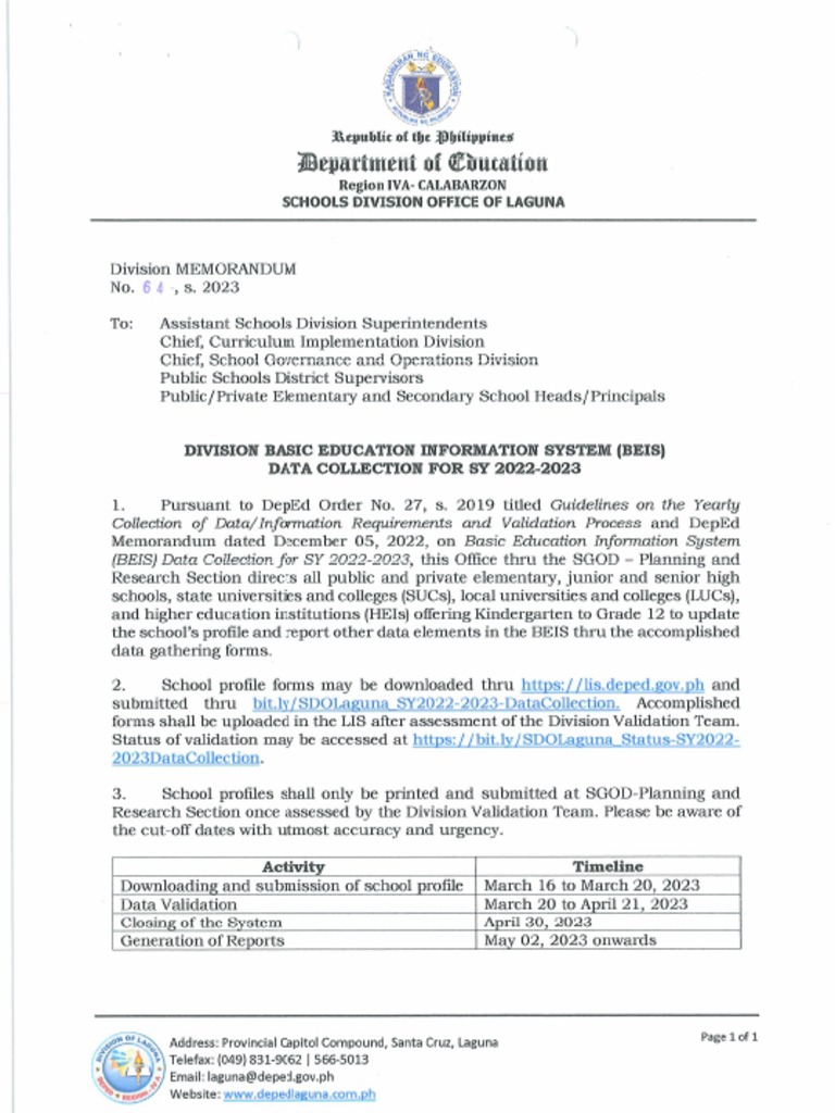 DM64s2023 DIVISION BASIC EDUCATION INFORMATION SYSTEM (BEIS) DATA ...