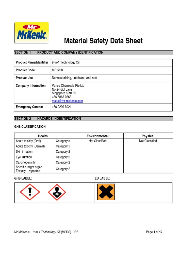 VCPL MSDS - ME1208 - 9-In-1 Technology Oil - R2 | PDF | Toxicity ...