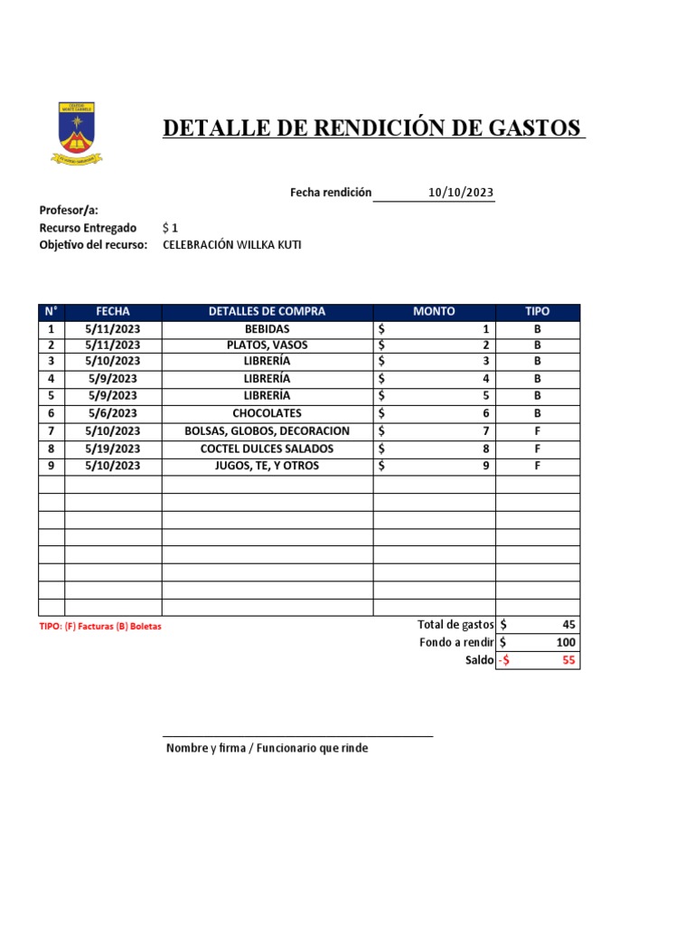 Plantilla Rendición Gastos Actividades | PDF