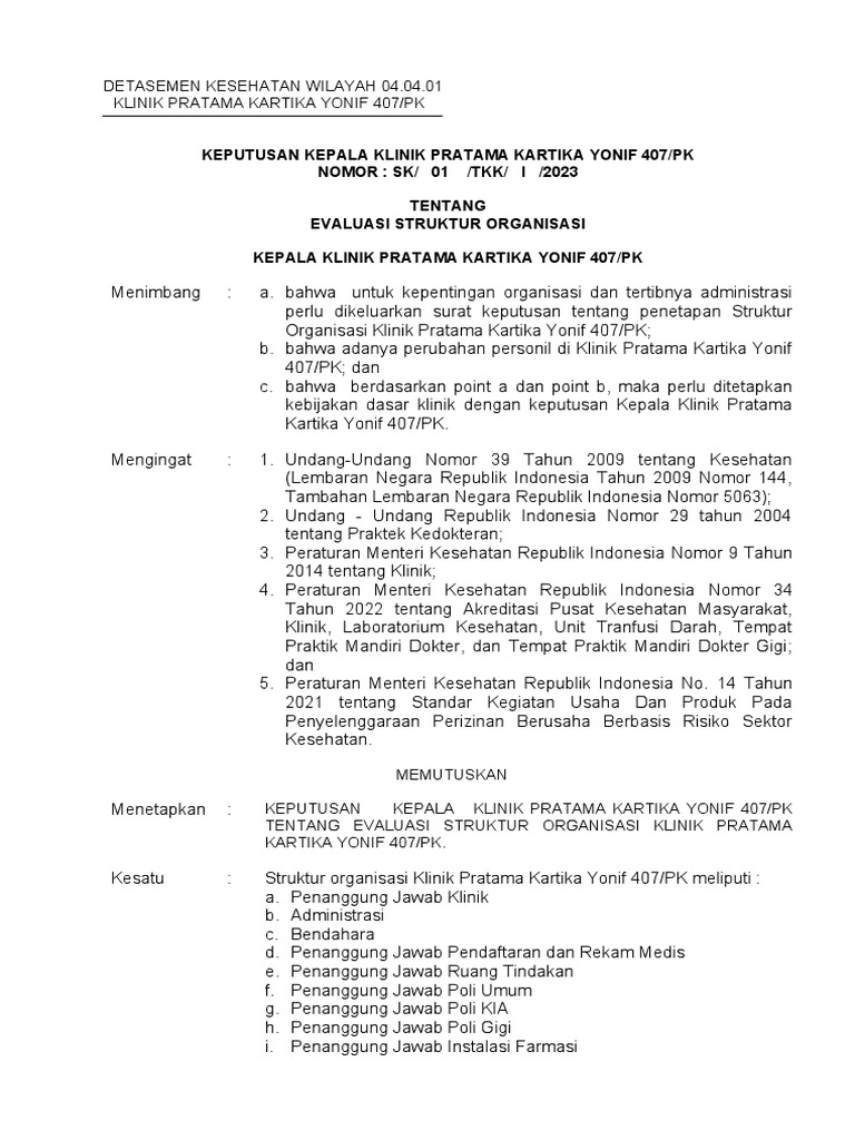 3.15.1.1 SK Evaluasi Struktur Orgas Kepala FKTP 407 2023 | PDF