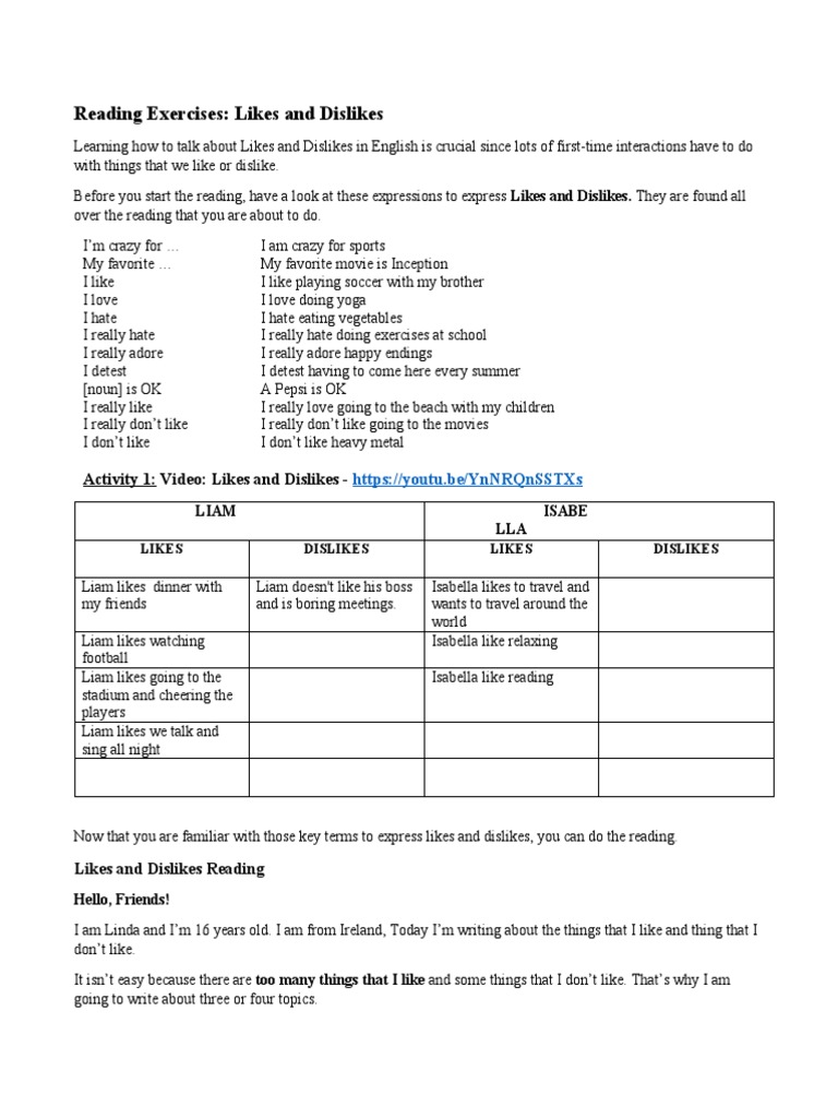 Likes and Dislikes - Reading and Listening Exercise | PDF | Language ...
