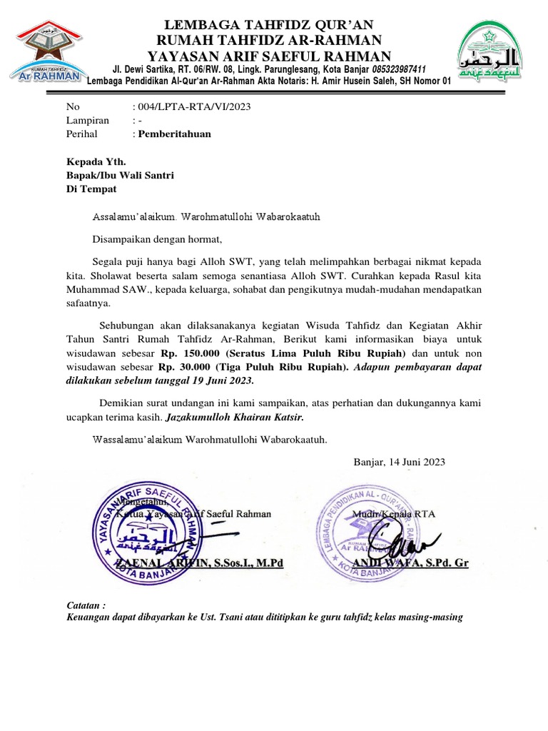 Surat Pemberitahuan Keuangan Wisuda Dan Kegiatan Akhir Tahun | PDF