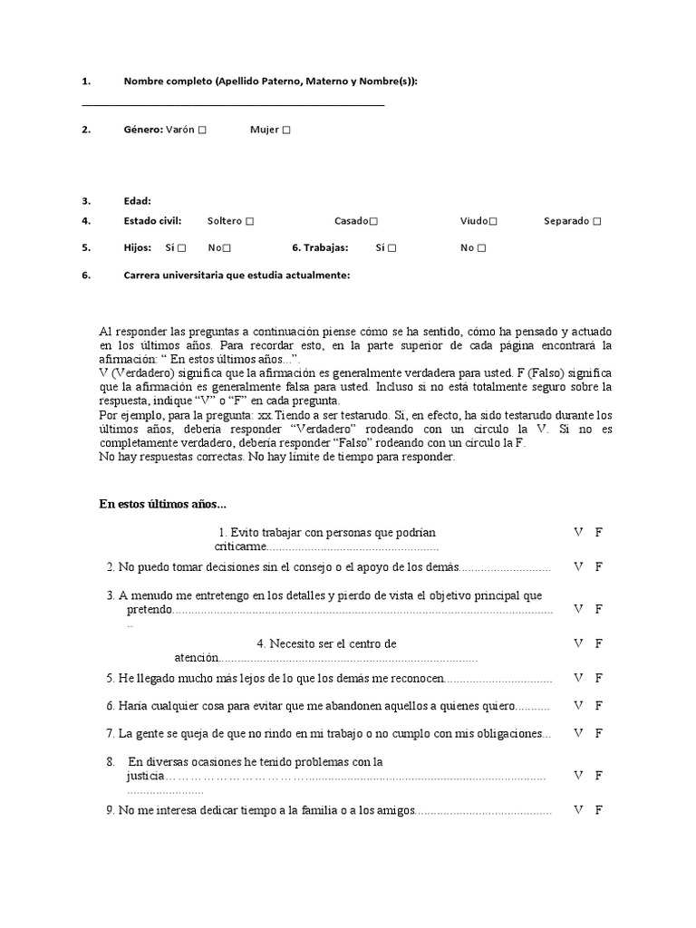 Test PDQ-4 y TMSS24 (Cuestionario) WORD | PDF