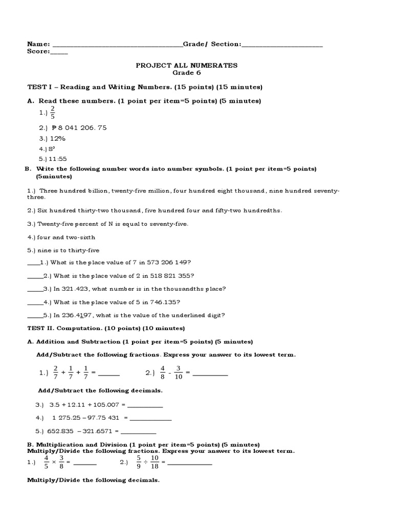 Grade 6 Math Test: Numbers & Computation | PDF | Teaching Methods ...
