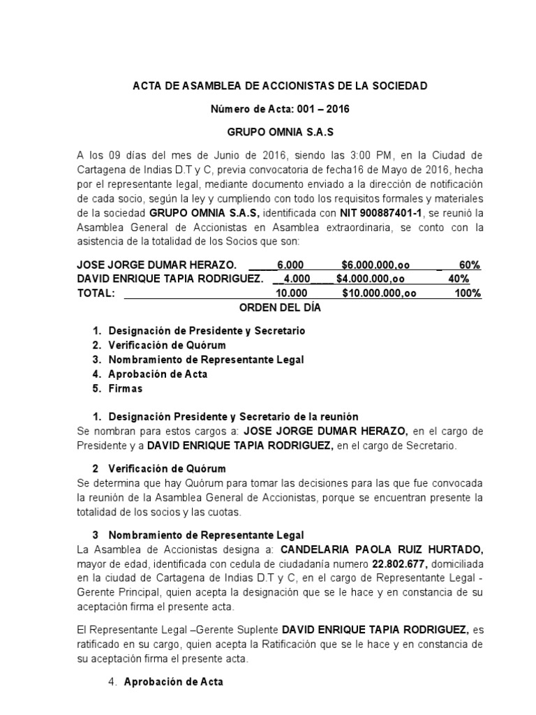 Acta De Asamblea De Accionistas De La Sociedad Grupo Omnia Sas Pdf