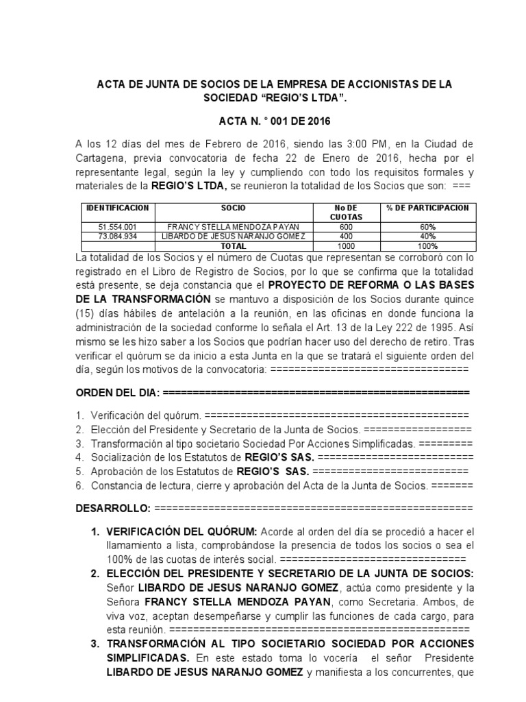 Acta de Junta de Socios de La Empresa Regios Sas | PDF | Sociedad de ... Acta de Junta de Socios de La Empresa Regios Sas | PDF | Sociedad de ...