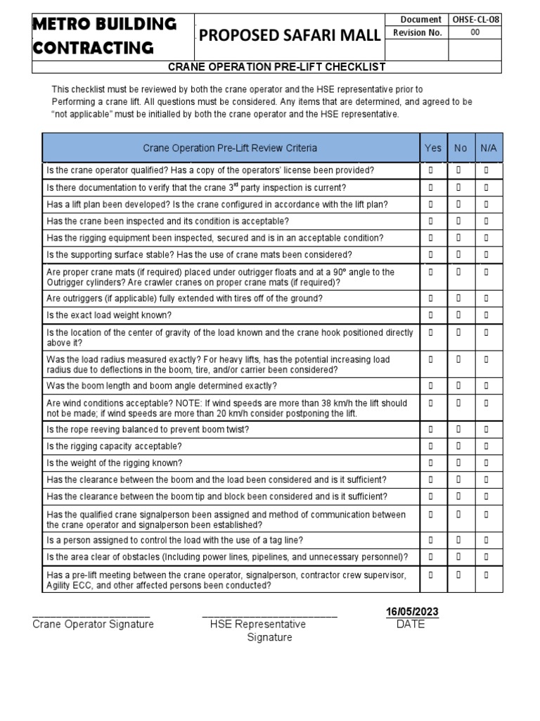 Crane Operation Pre-Lift Checklist | PDF | Crane (Machine)