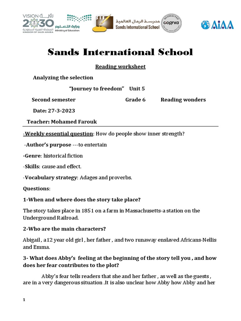 Grade 6 Reading Worksheet: Journey to Freedom | PDF