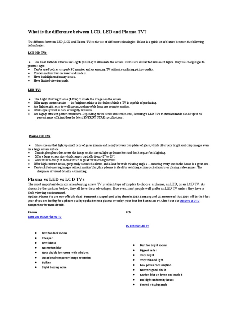 What Is The Difference Between LCD, LED and PLASMA | PDF | Backlight ...
