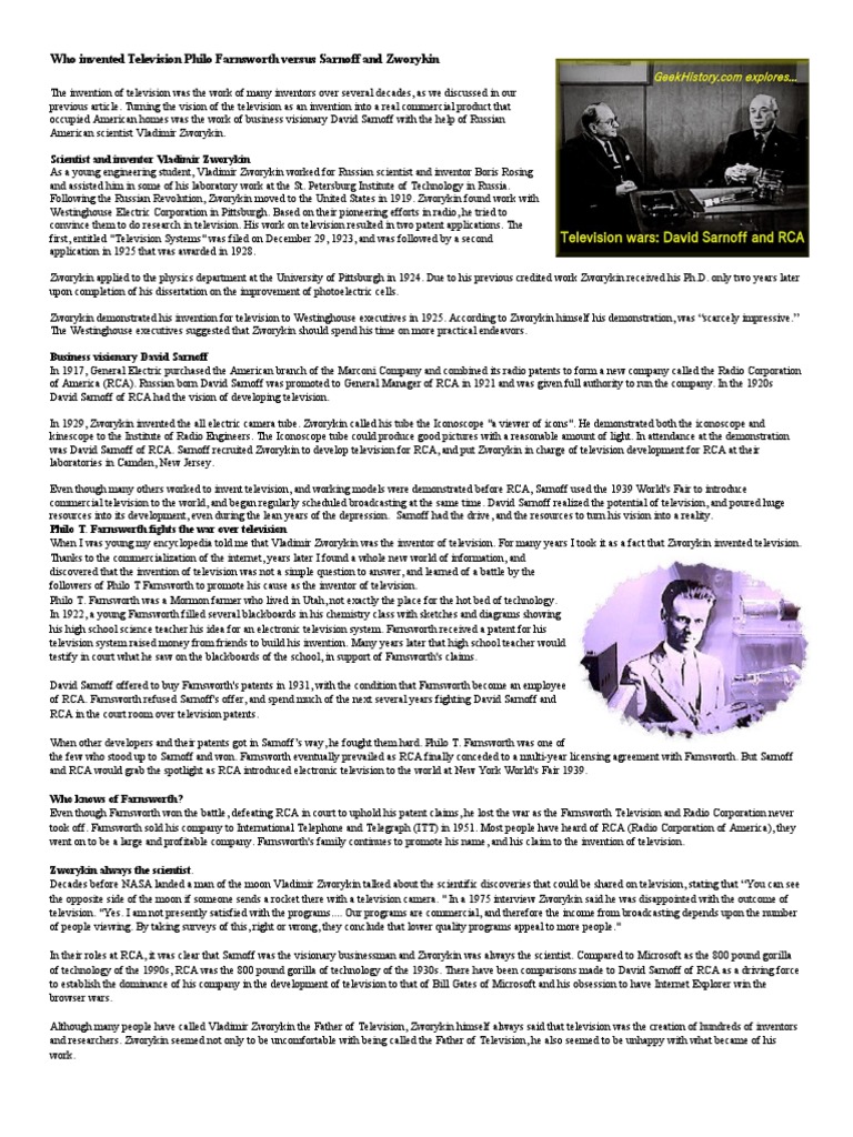 Who Invented Television Philo Farnsworth Versus Sarnoff and Zworykin ...