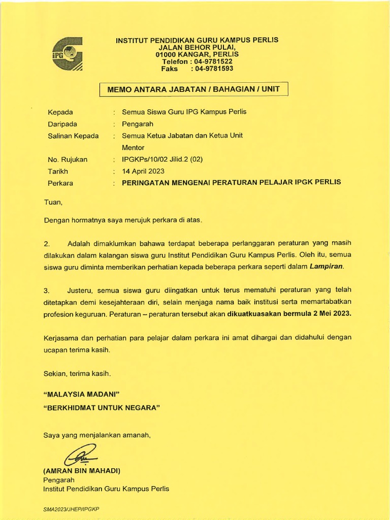 Memo Peringatan Peraturan Pelajar Ipgkp | PDF